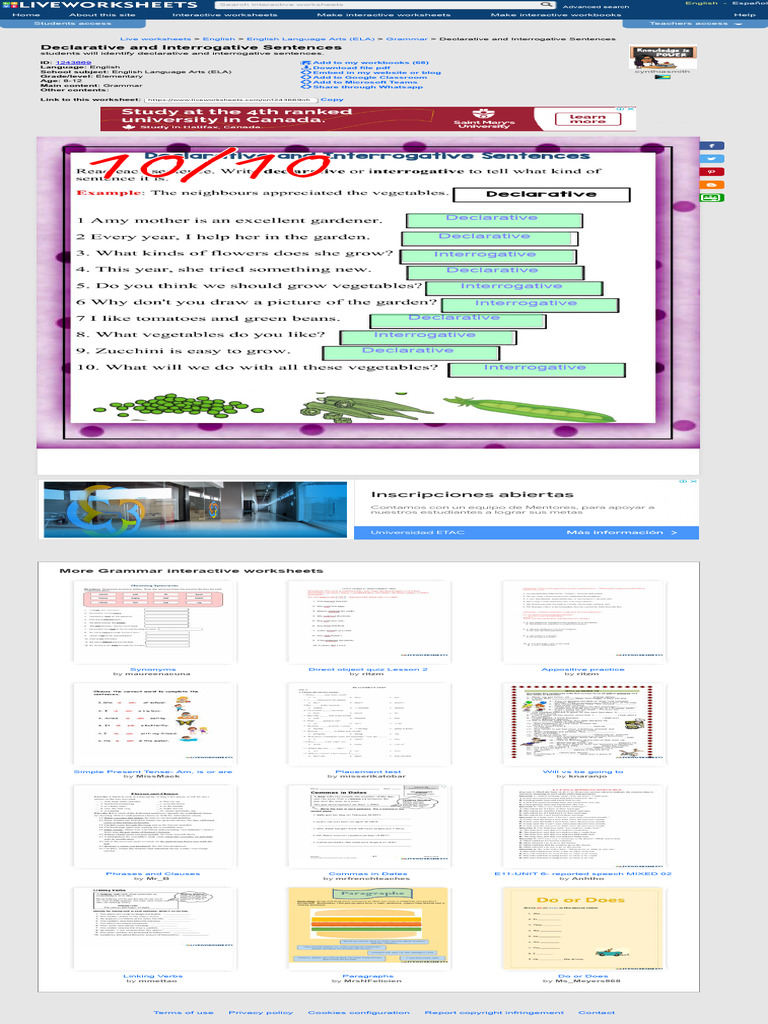Declarative and Interrogative Sentences Interactive Activity | PDF ...