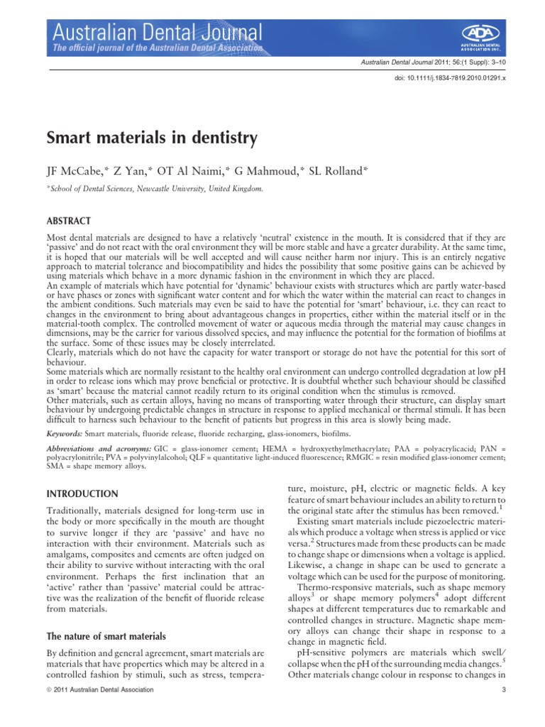 Smart Materials in Dentistry | PDF | Shape Memory Alloy | Materials Science