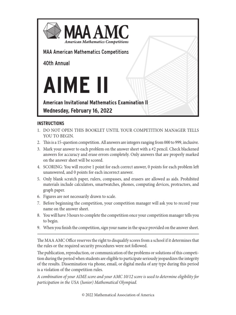 Đề thi kèm đáp án chính thức kỳ thi Toán học Hoa Kỳ - AIME II-2022 | PDF