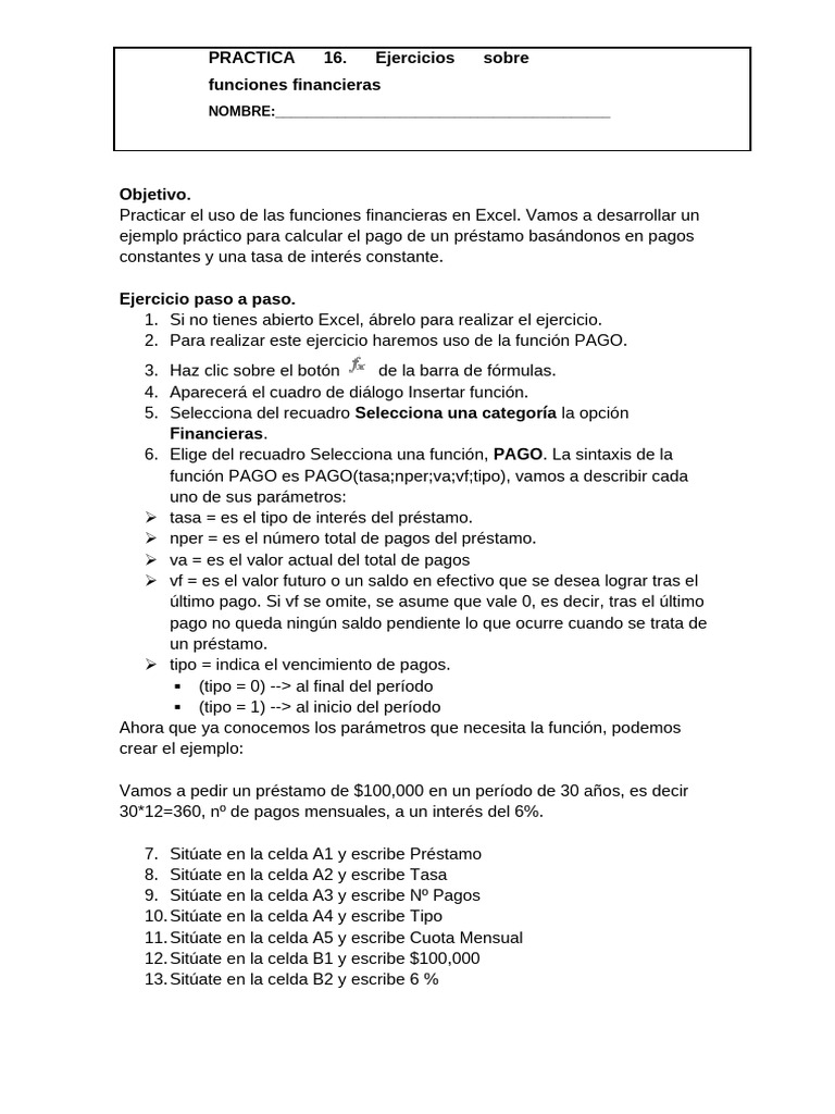 PRACTICA 16. Ejercicios sobre funciones financieras | PDF
