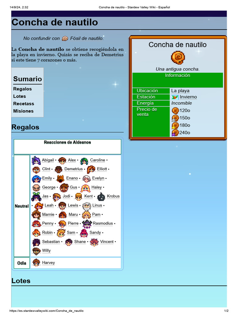 Concha de Nautilo - Stardew Valley Wiki - Español | PDF