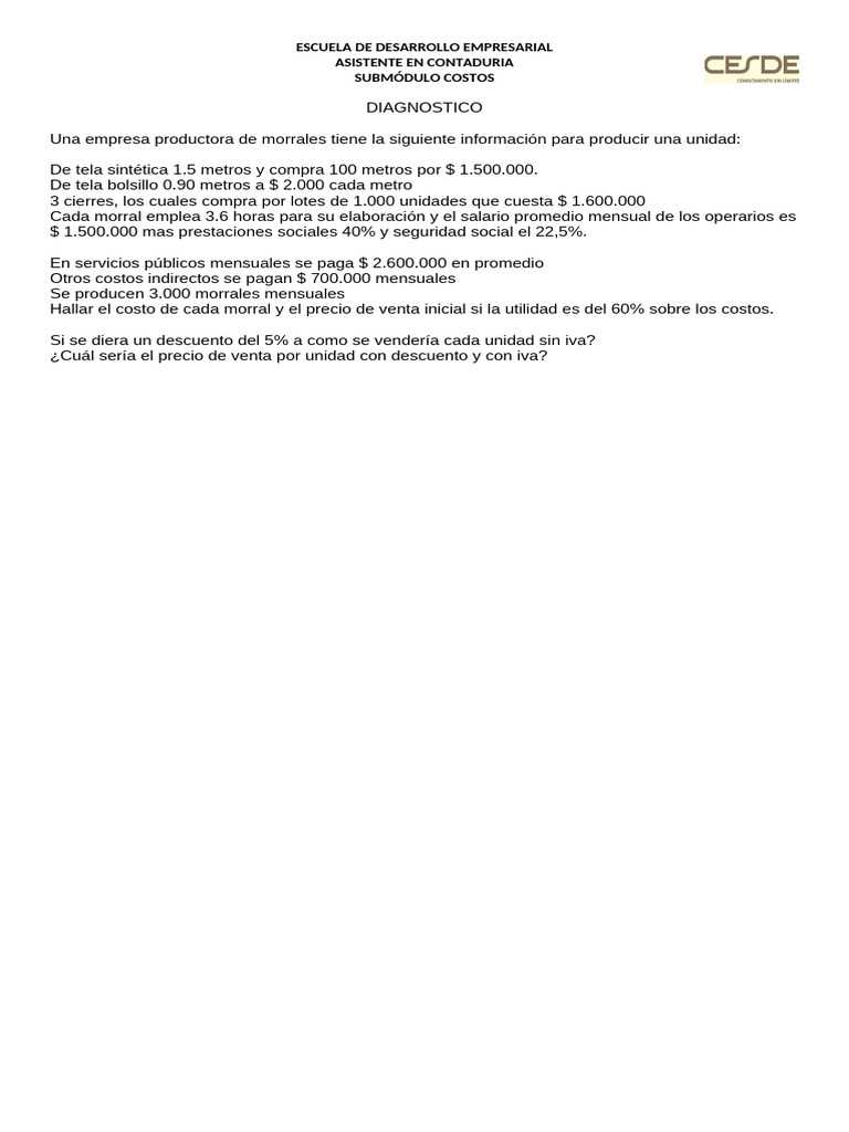EJERCICIO Diagnostico COSTOS de Admon | PDF