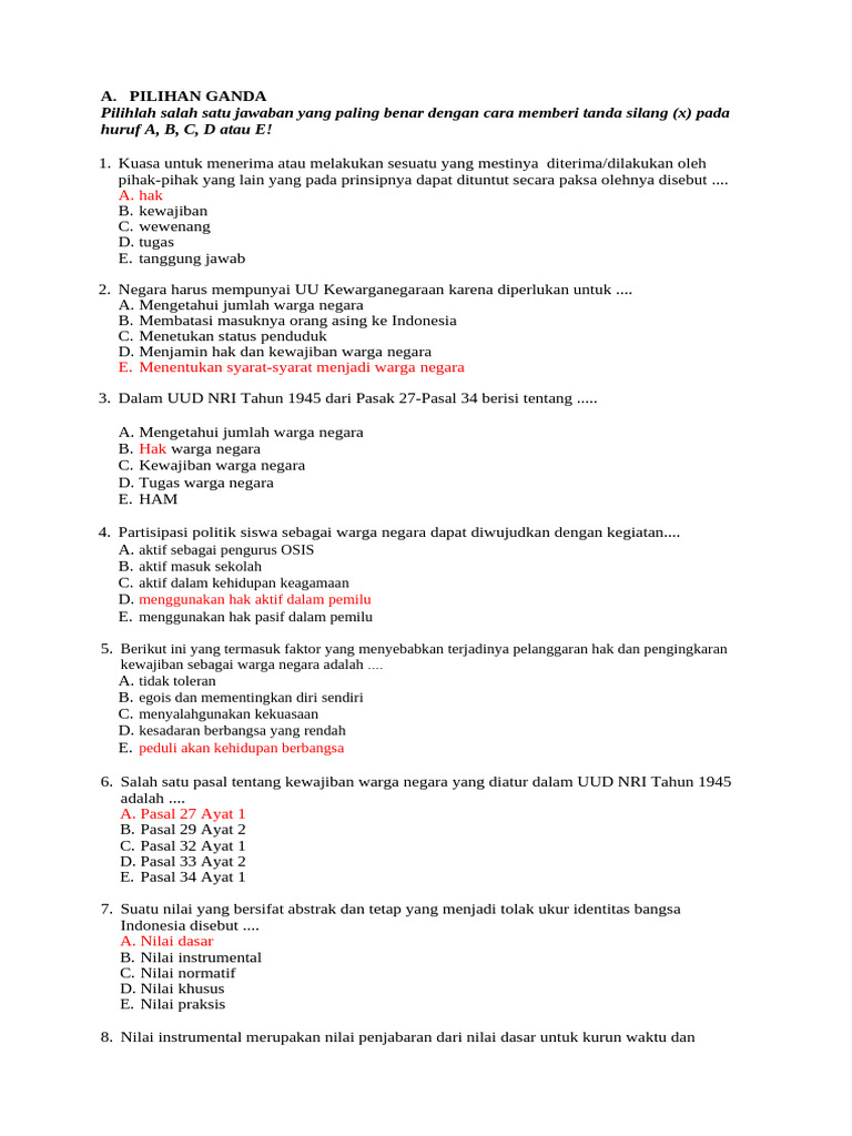 Soal PPKN Kls XII Ganjil 2022-2023 Kunci Jawaban. | PDF