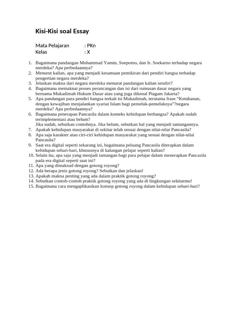 Kisi-Kisi Soal Essay Kls X | PDF