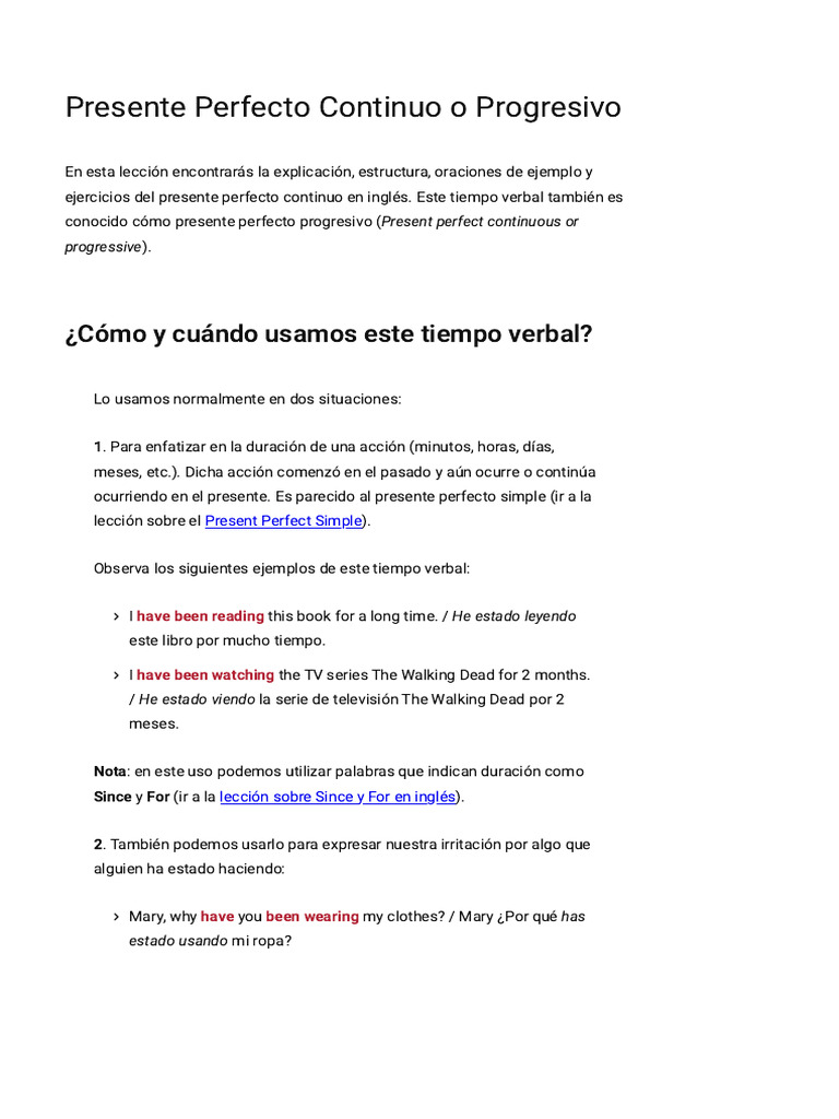 Presente Perfecto Continuo o Progresivo - Ejemplos y Ejercicios | PDF