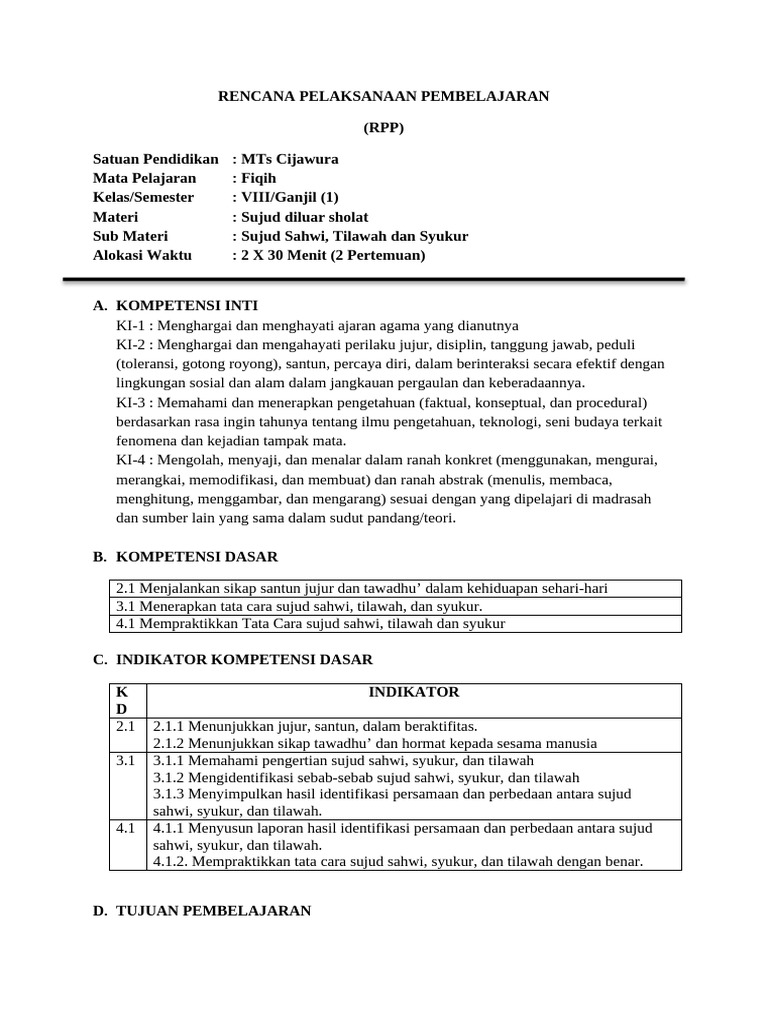RPP Sujud Diluar Sholat (Sudah Revisi) | PDF