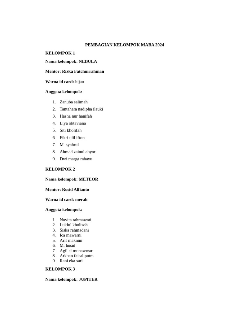 Pembagian Kelompok Maba 2024 | PDF