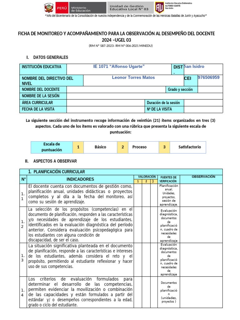 Ficha de Monitoreo y Acompañamiento para La Observación Al Desempeño Del Docente 1 | PDF ...