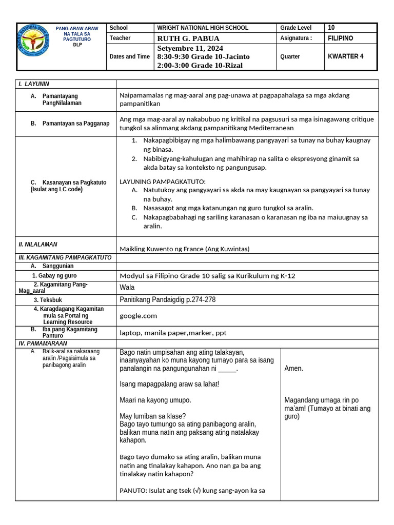 Grade 10 Filipino Lesson Plan: Ang Kuwintas | PDF
