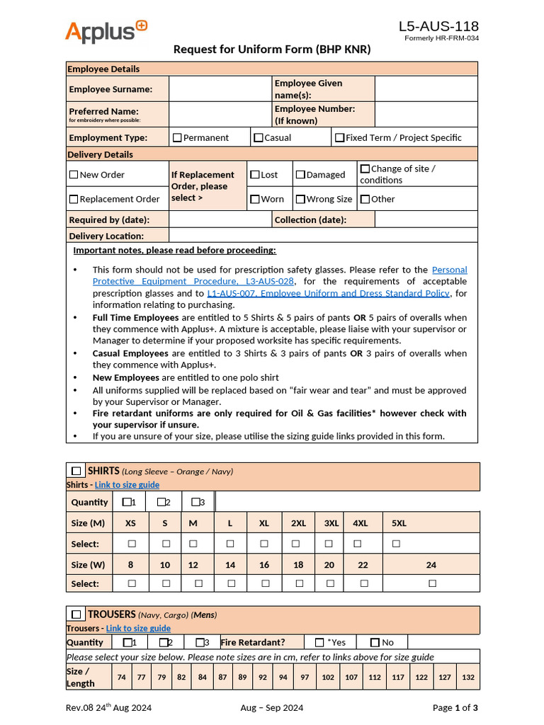 BHP Kwinana Shutdown Uniform request form | PDF