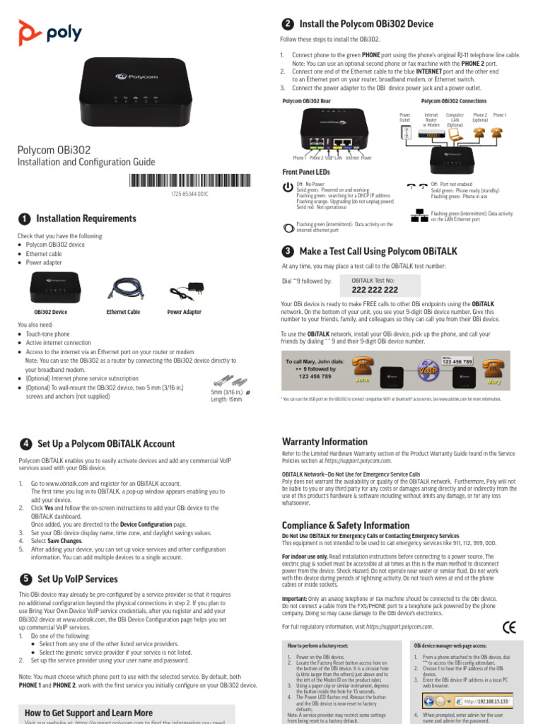 Poly Obi302 Setup Guide | PDF