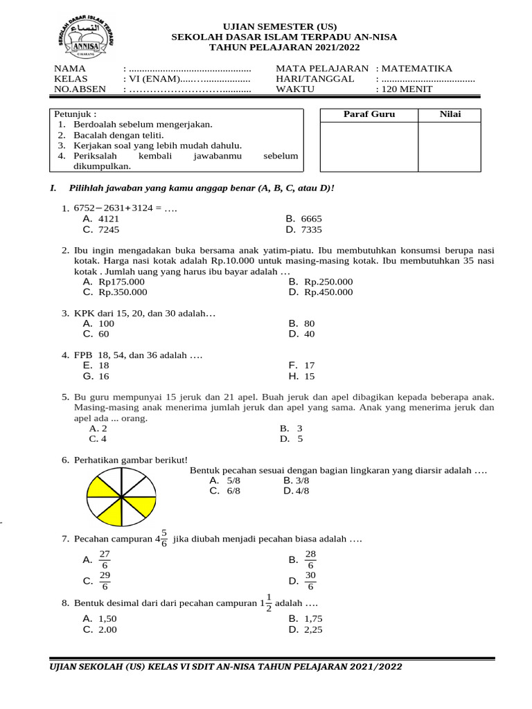 Soal Us MTK KLS 6 | PDF
