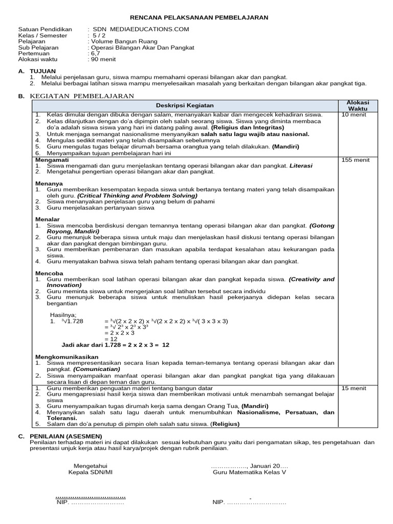 R P P M T K Kelas 5 S M 2 - Operasi Bilangan Akar Dan Pangkat | PDF