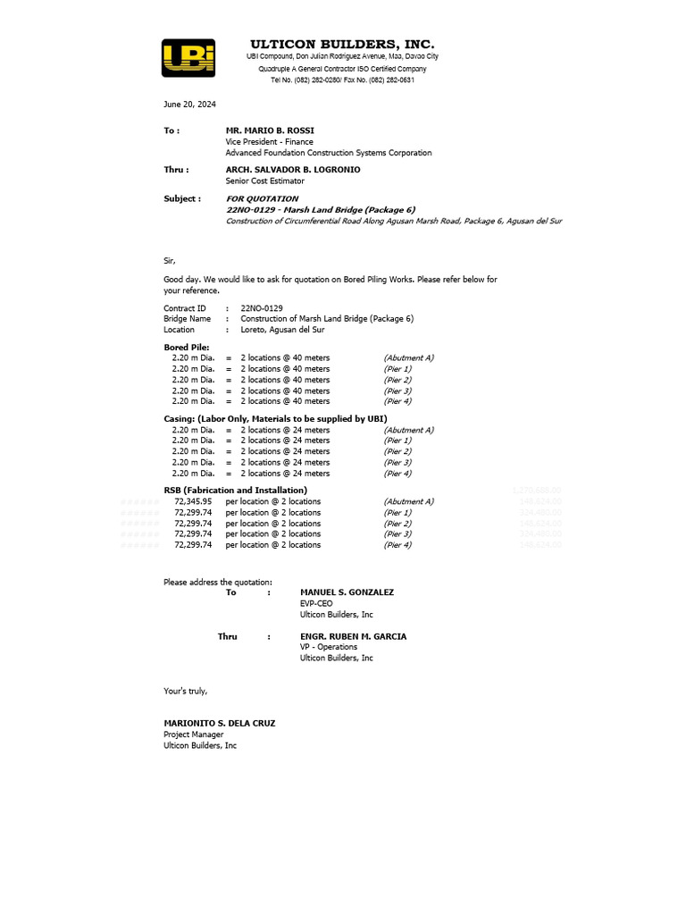 For Quotation - Marsh Land Bored Pile | PDF