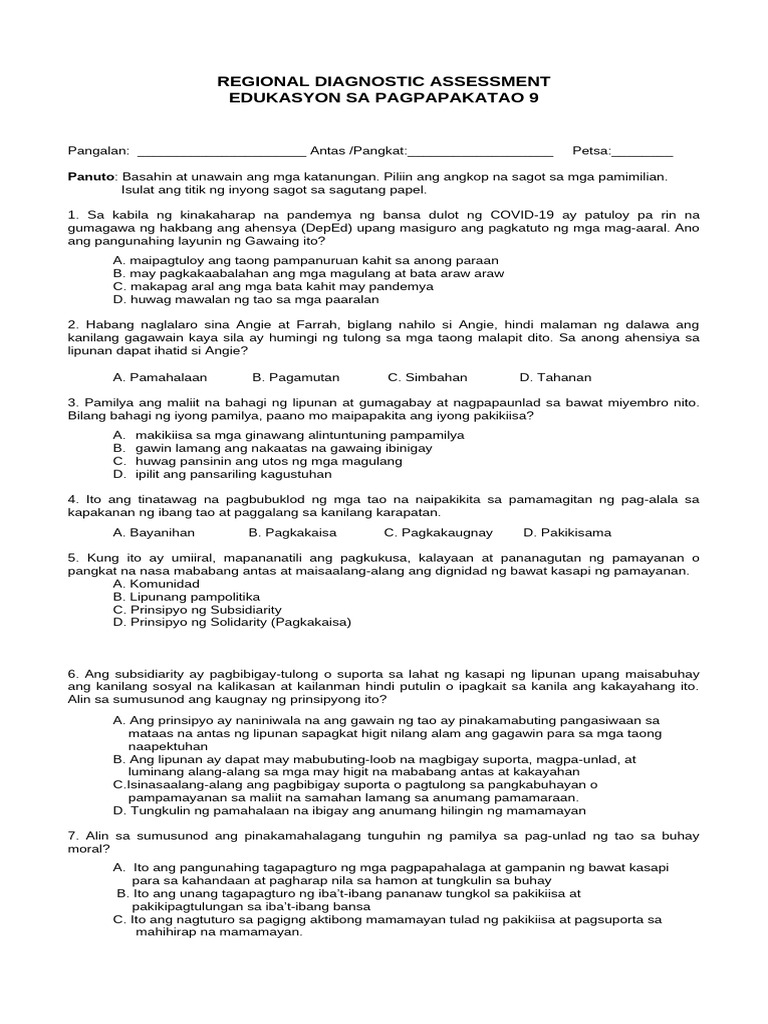 ESP 9 Diagnostic Test Overview | PDF | Social Science | Lifestyle