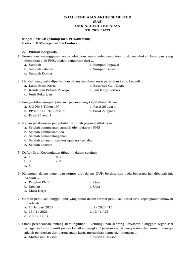 Soal, Jawaban PG OTK Kepegawaian XI Genap | PDF