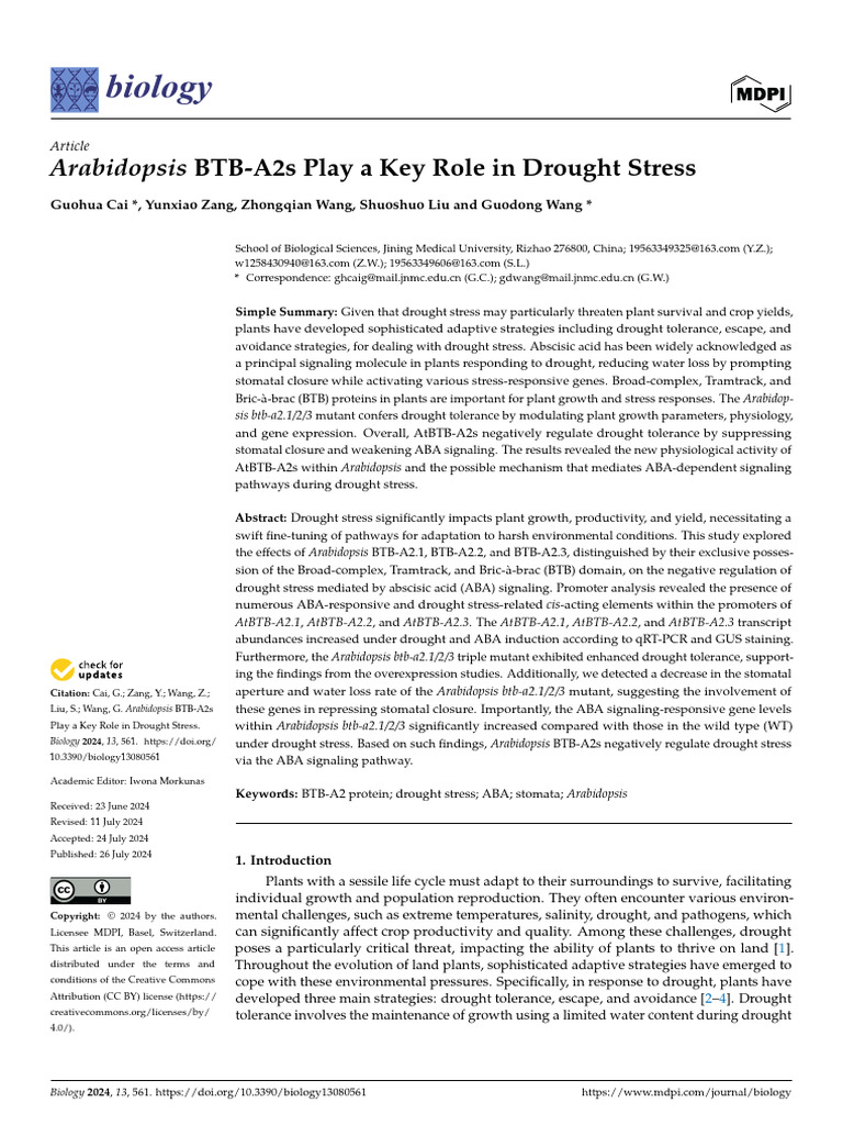 Arabidopsis BTB-A2s Play A Key Role in Drought STR | PDF