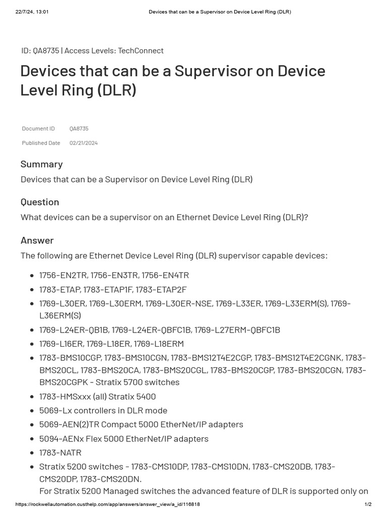 Devices That Can Be A Supervisor On Device Level Ring (DLR) | PDF