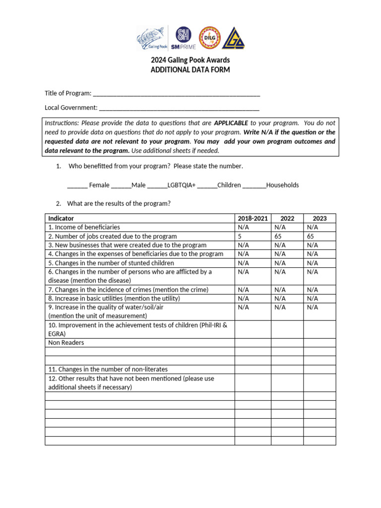 Galing Pook Site Validation Additional Data Form | PDF | Non ...