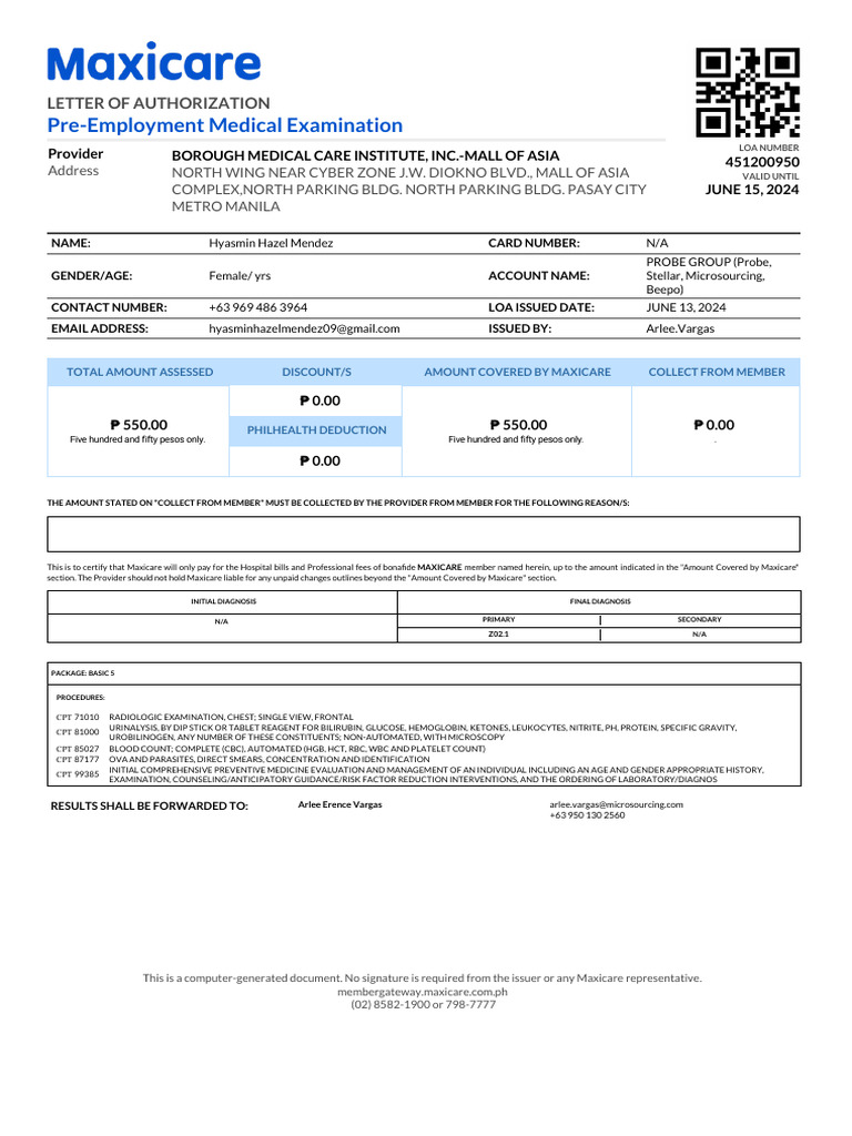 Pre-Employment Medical Examination: Letter of Authorization | PDF