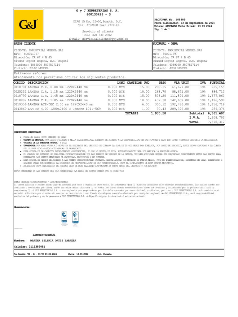Proforma-2-108885 INDUSTRIAS MENBEL SAS | PDF