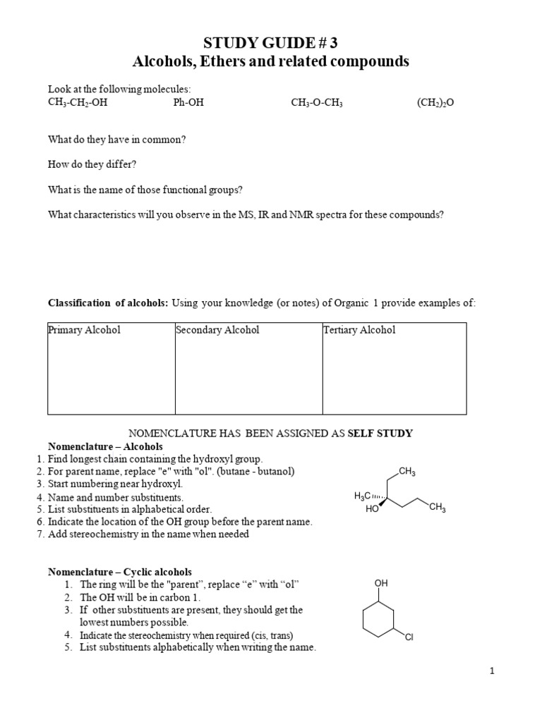 Study Guide #3-Fall 2020 Alcohols, Ethers and Related Compounds | PDF | Ether | Organic Chemistry