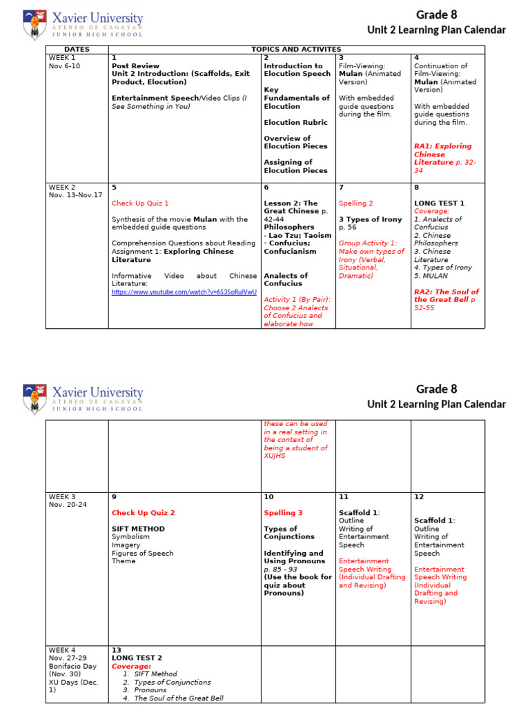 !!V2 REVISED Unit 2 Learning Plan Calendar - AY 2023-24 - Copy | PDF