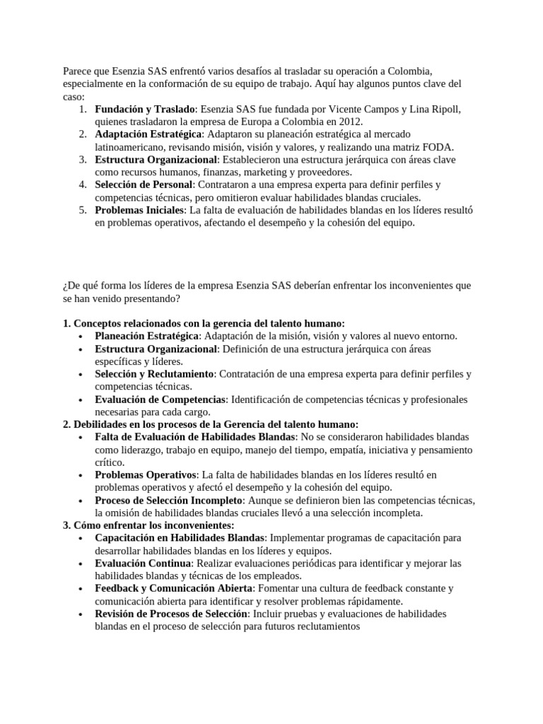 Parece Que Esenzia SAS Enfrentó Varios Desafíos Al Trasladar Su Operación A Colombia | PDF