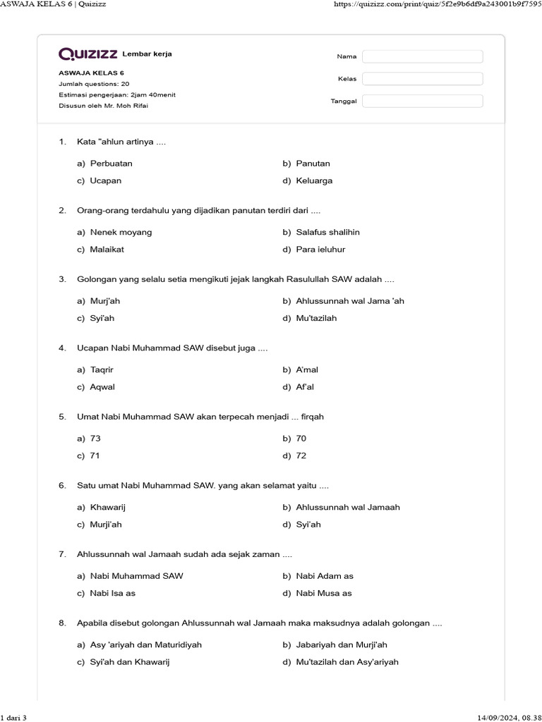 ASWAJA KELAS 6 - Quizizz | PDF