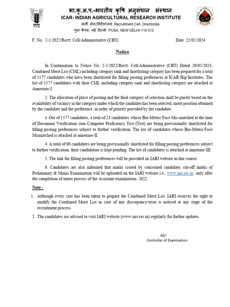 Notice of CML For The Post of Assistant 22052024 | PDF