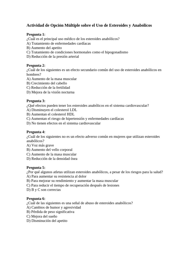 Actividad de Opción Múltiple Sobre El Uso de Esteroides y Anabólicos | PDF