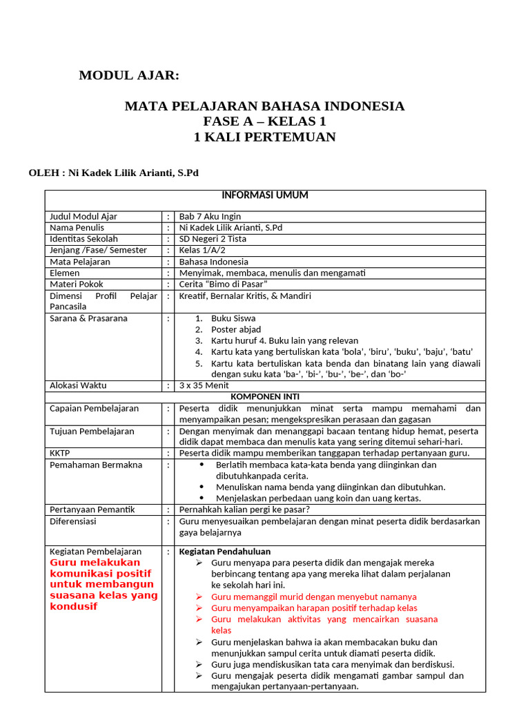 MODUL AJAR 1 Kali Pertemuan Kelas 1 Bab 7 | PDF