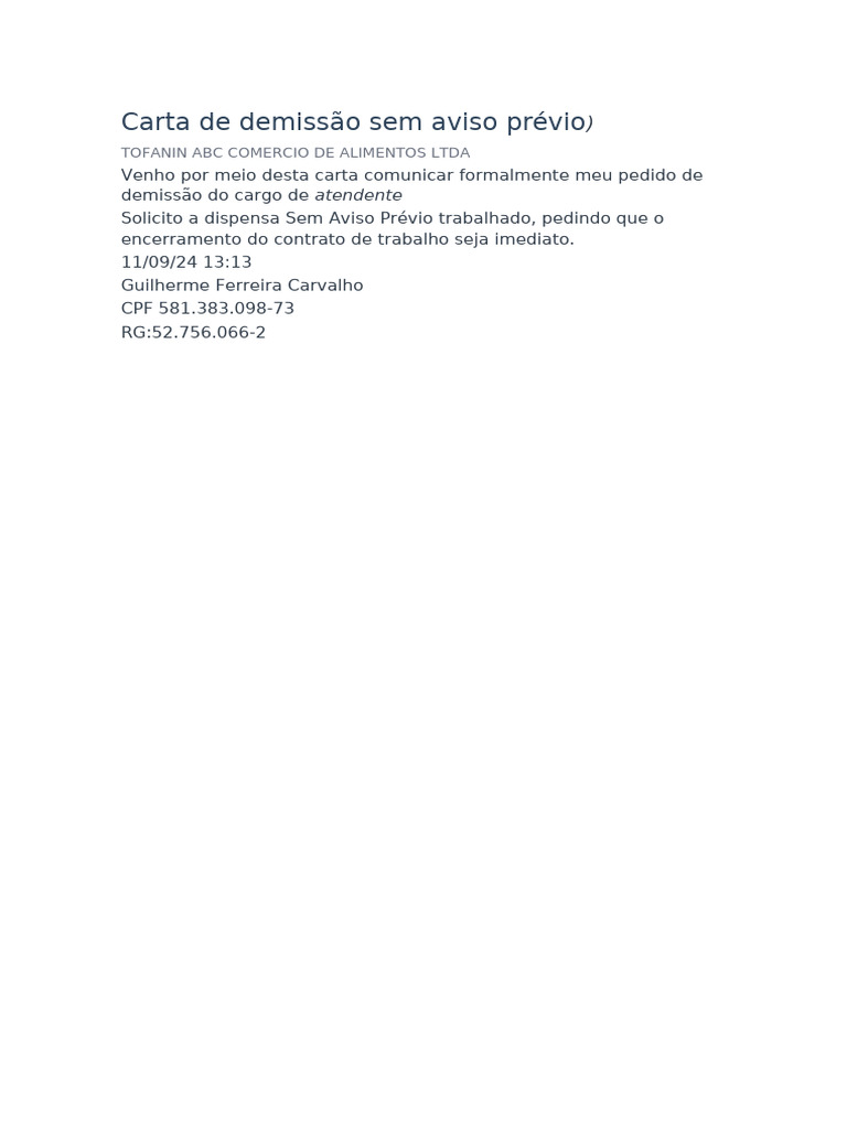 Carta de Demissão Sem Aviso Prévio: Atendente | PDF