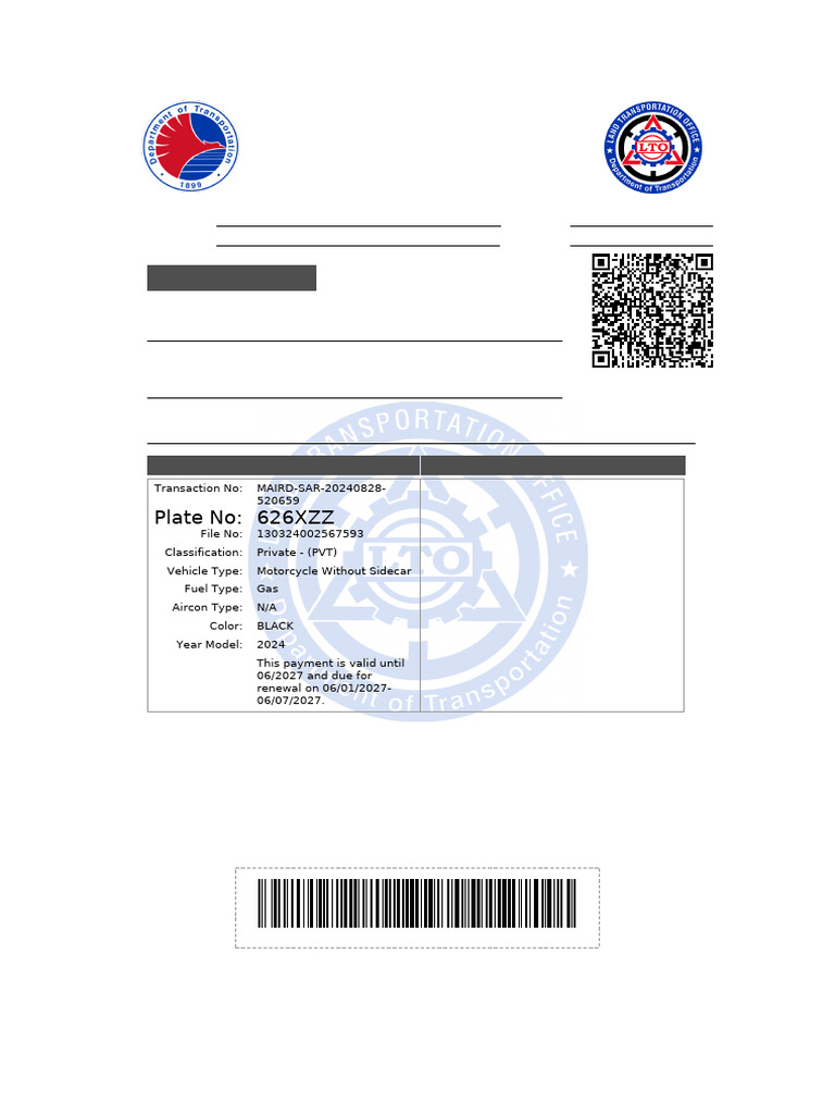 Plate No: 626XZZ: Official Receipt | PDF