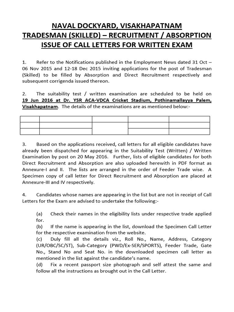 Call Letter Notice Tradesman Absorption Recruitment ND (V) 14jun16 | PDF