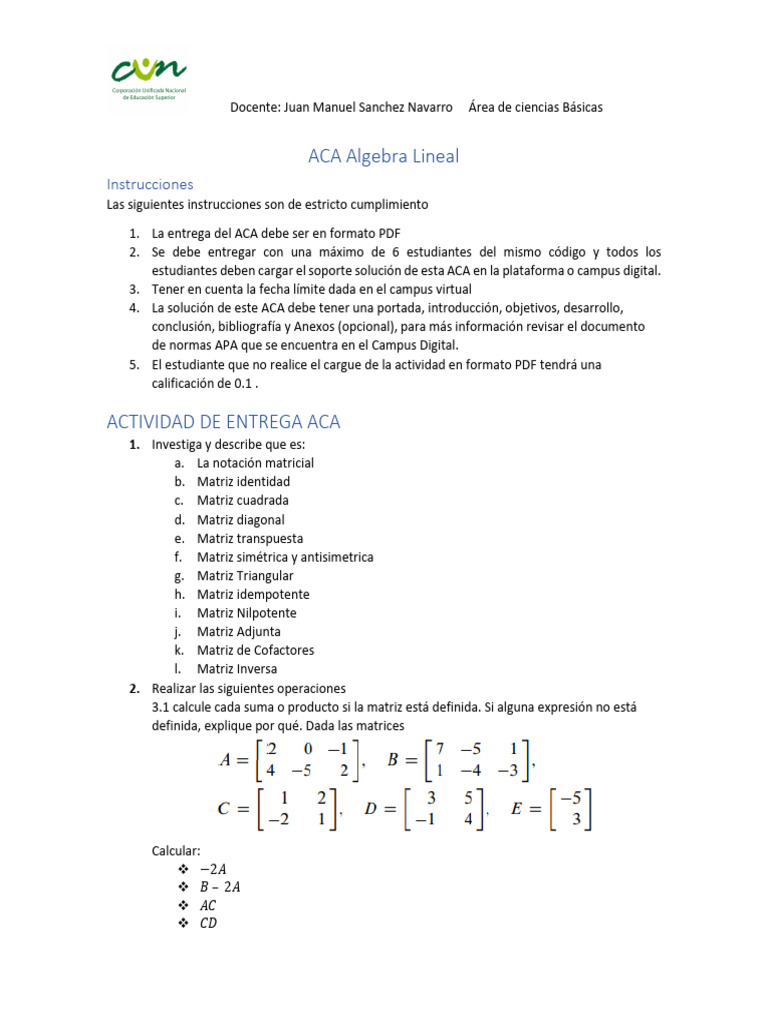 ACA Algebra Lineal: Instrucciones | PDF