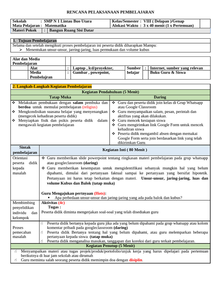 RPP Bangun Ruang Sisi Datar | PDF
