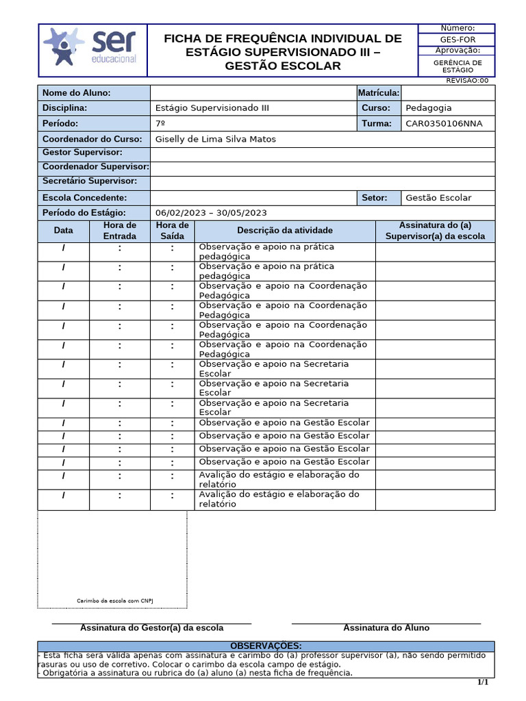 ESTÁGIO III - Ficha de Frequência para o Campo de Estágio - 20231 | PDF