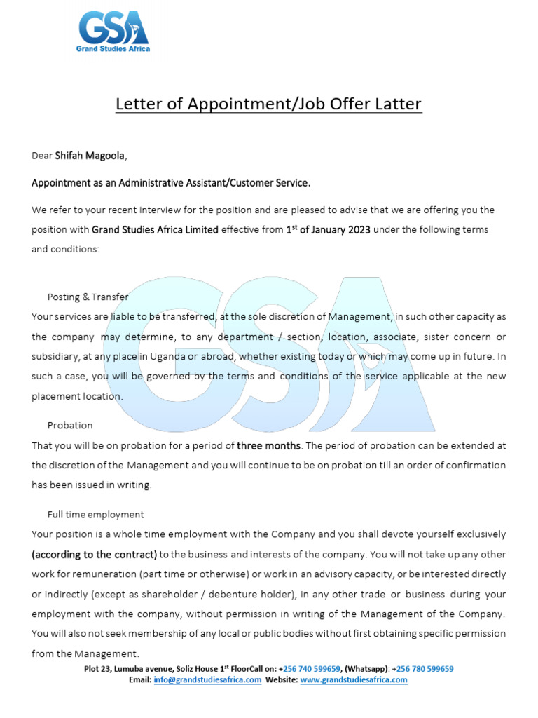 Job Offer Letter for Administrative Role | PDF | Employment ...