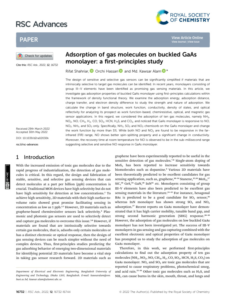 Adsorption of Gas On GaAs Monolayer | PDF