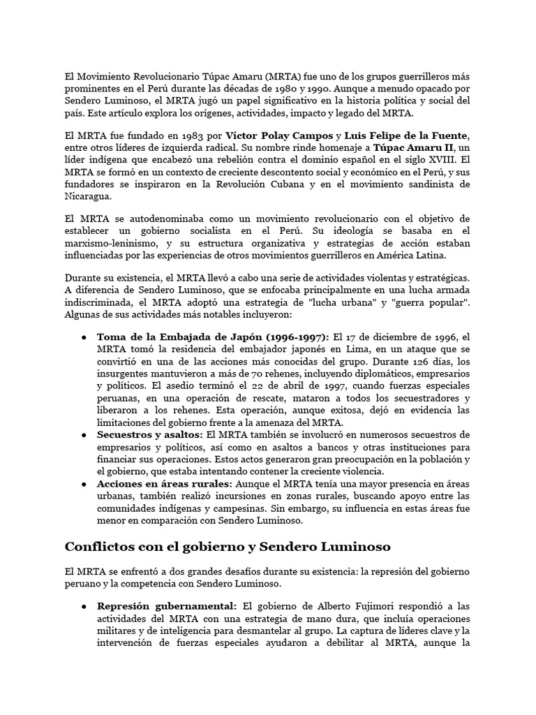 El Movimiento Revolucionario Túpac Amaru (MRTA) | PDF | Guerra de ...