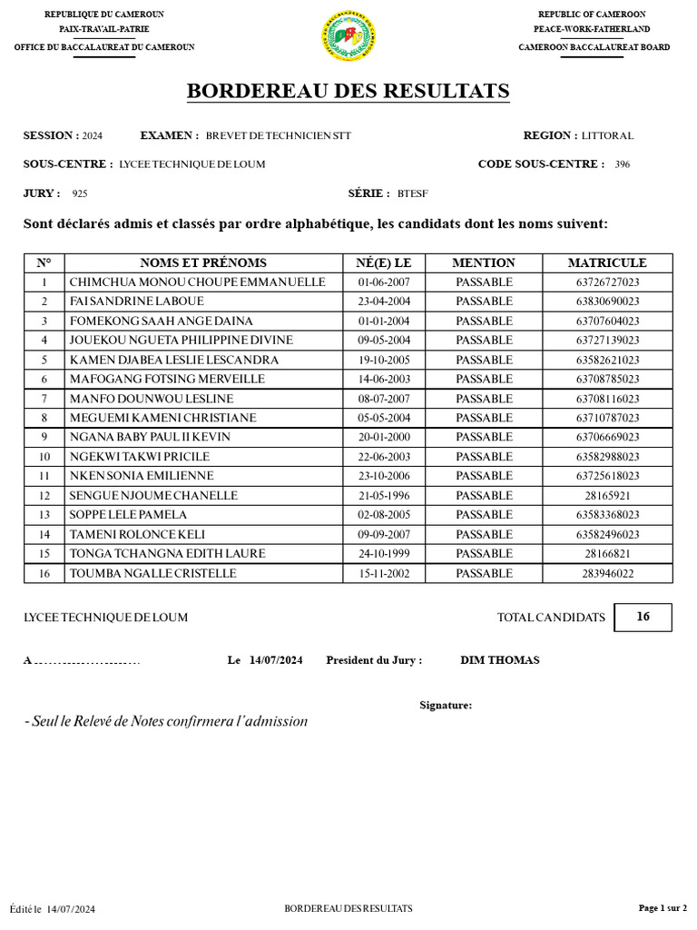 BORDEREAU DES RESULTATS (5) | PDF