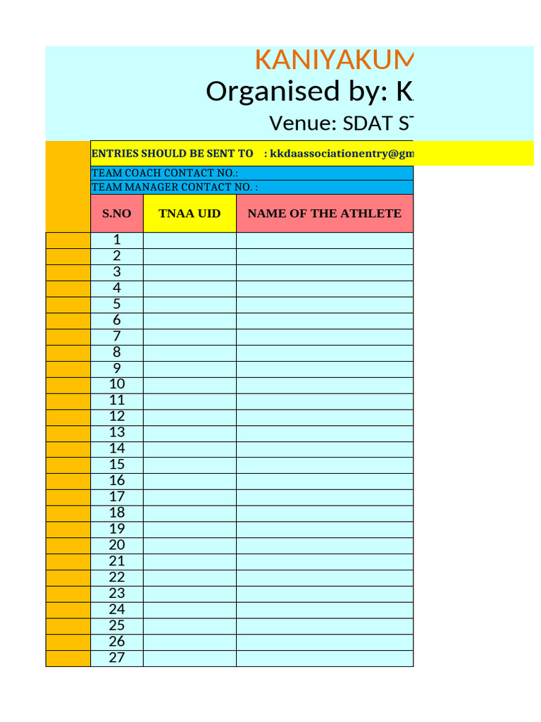 Kaniyakumari District Meet 2024 Entry Form-1 | PDF