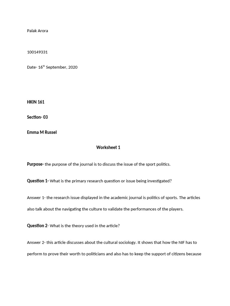 Hkin Worksheet 1 | PDF