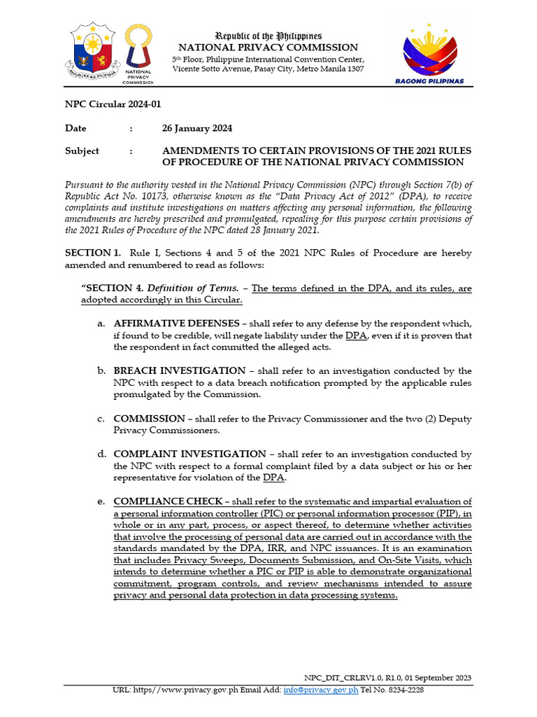 NPC Circular 2024 01 Amendments to the 2021 Rules of Procedure of the NPC for PUBLICATION | PDF
