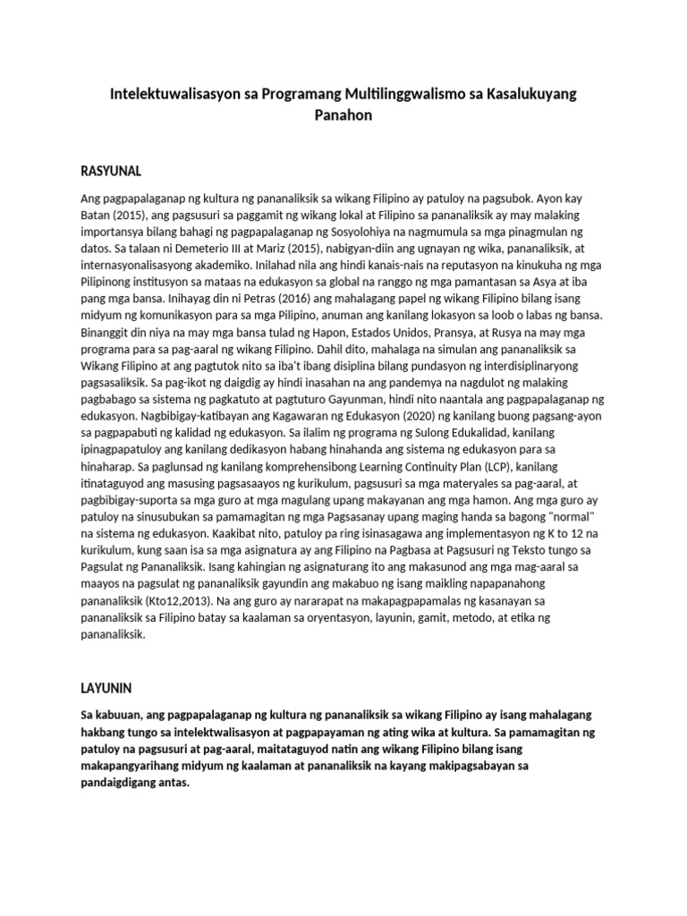Intelektuwalisasyon Sa Programang Multilinggwalismo Sa Kasalukuyang ...