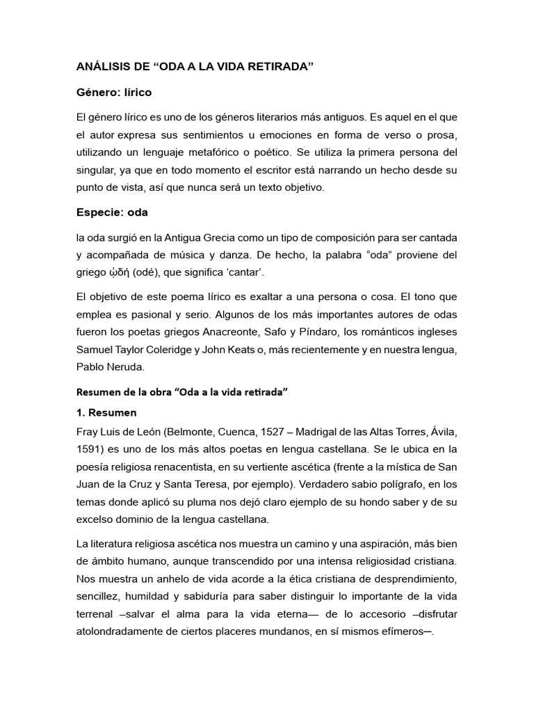 Análisis de Oda A La Vida Retirada | PDF