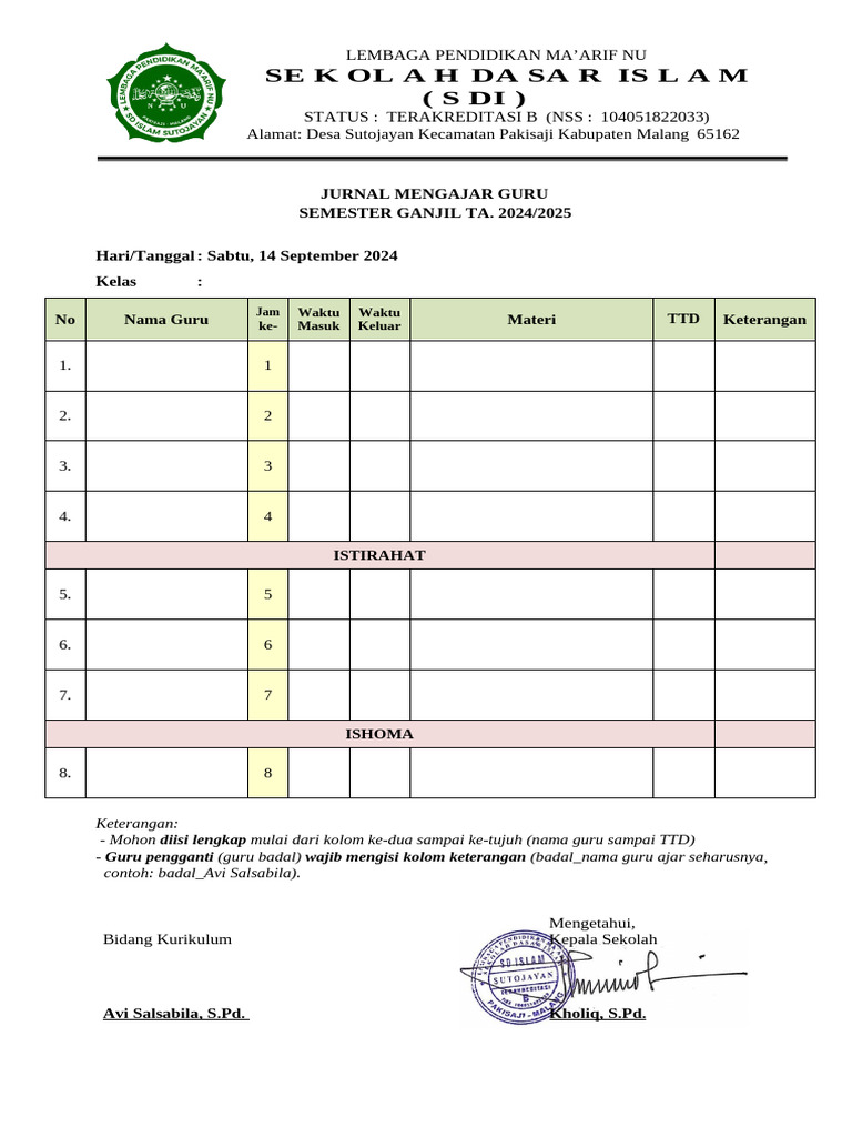 Jurnal Mengajar Guru SDI 2024-2025 | PDF