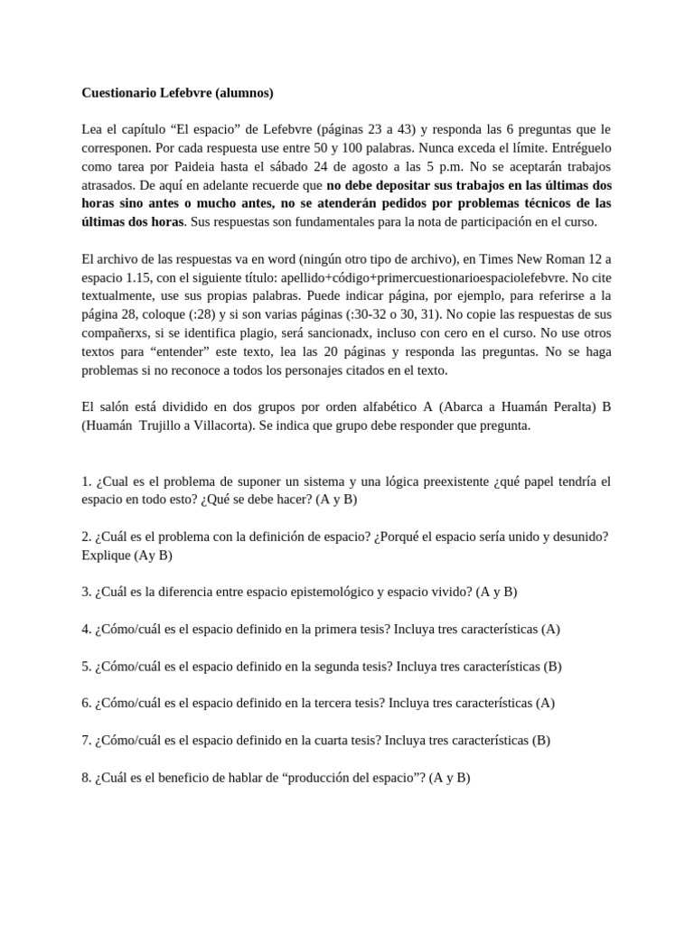 Cuestionarioespacio Lefebvre 120242 | PDF