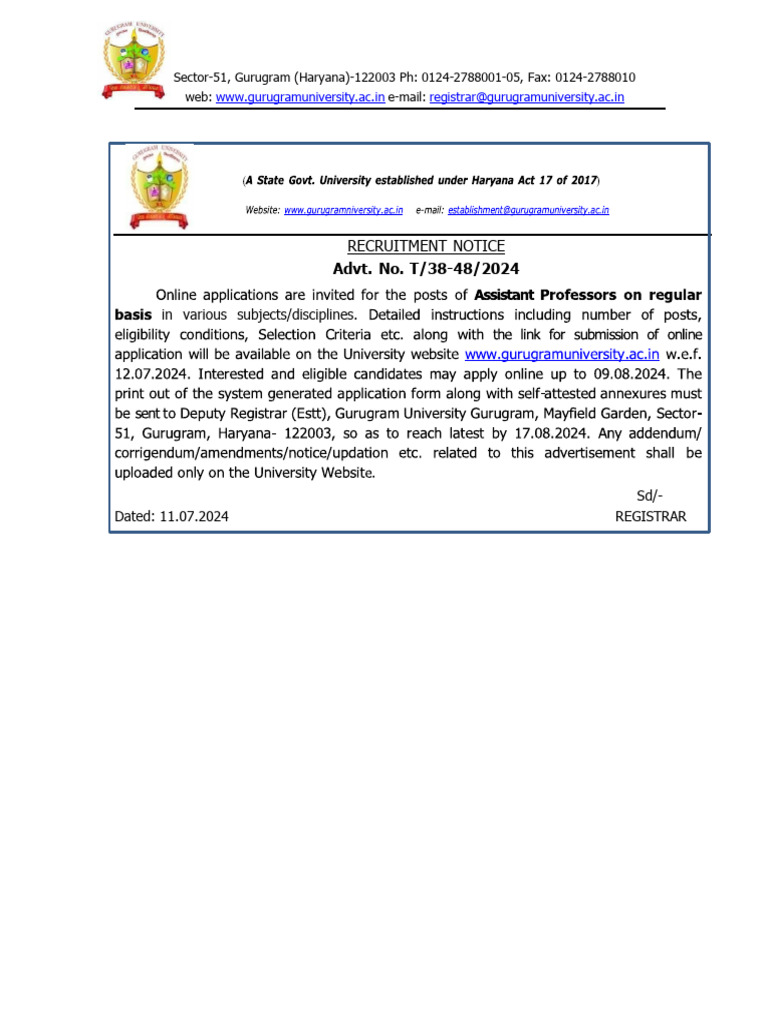 Advertisement No. T-3848 - of - 2024 (Assistant Professors) | PDF ...